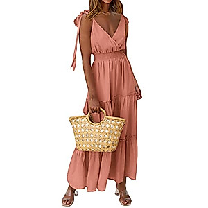 PRETTYGARDEN Women's Cross Neck Summer Sleeveless Tiered Maxi Dress Beach Tie Strap Smocked Long Dresses Pleated Sundress (Nude Pink,Medium)