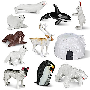 11 Pcs Polar Animals Figurines with Realistic Glowing Igloo Plastic Animal Models Mini Animals Figures Play Figure Playsets Arctic Sea Figurines Toys Cake Topper Toy Gift for Birthday Baby Shower