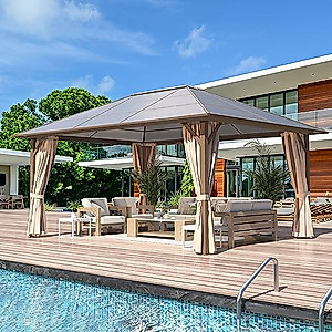 YOLENY 12'x16' Hardtop Gazebo, Outdoor Polycarbonate Roof Canopy, Aluminum Frame Permanent Pavilion with Curtains and Netting, Sunshade for Garden, Patio, Lawns