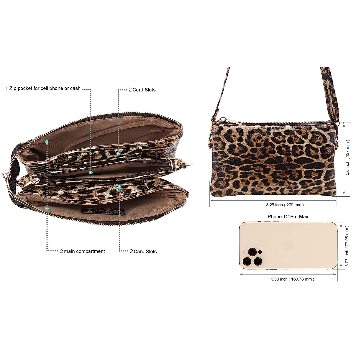 B BRENTANO Vegan Leather Multi-Pocket Crossbody Purse/Clutch with Card Slots, Removable Wristlet & Adjustable Shoulder Strap (Leopard Black)