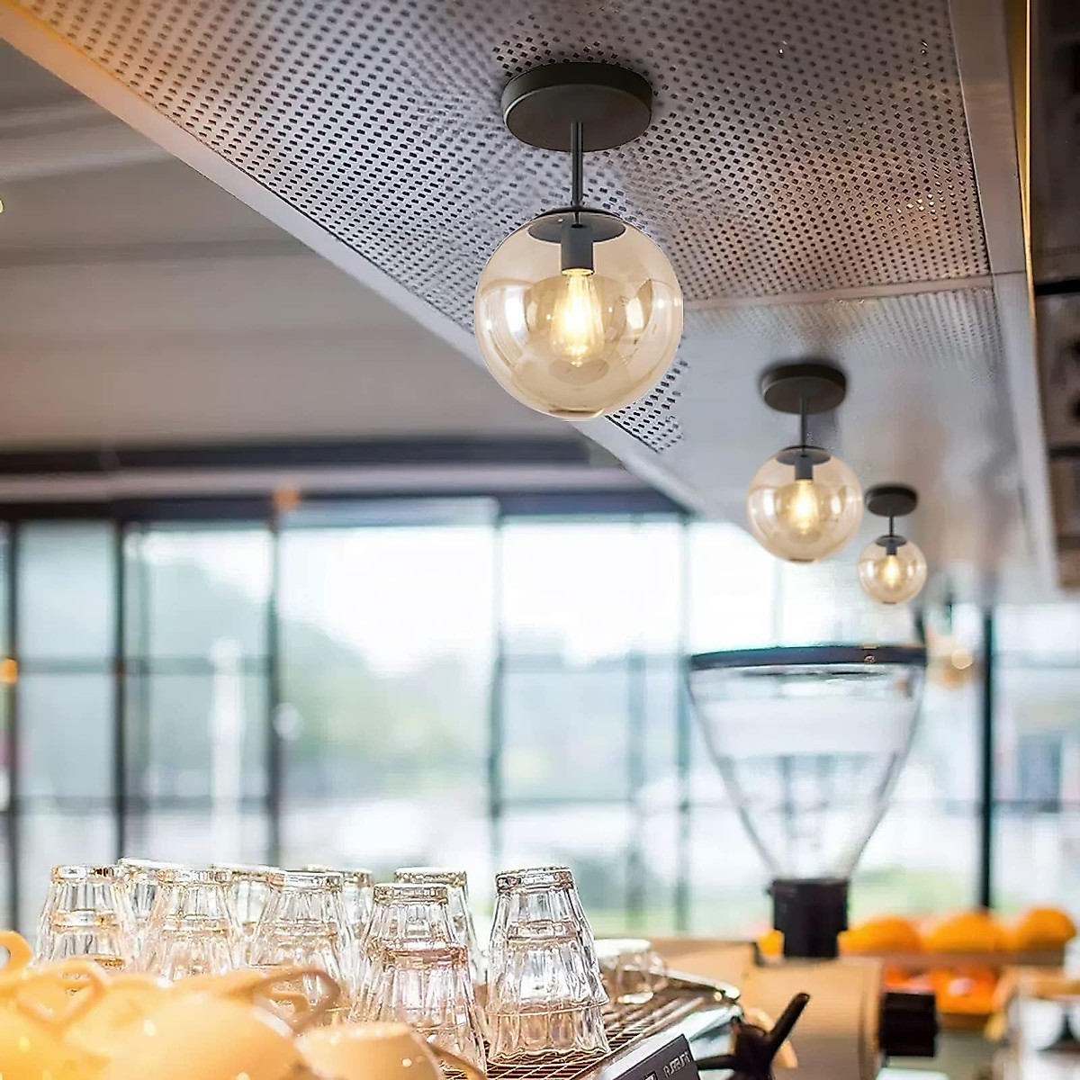 Mid Century Modern Globe Semi Flush Mount Ceiling Light Fixture, Clear Glass with Finish, Black 1-Light Sphere Glass Pendant Lights for Aisle Porch Stairway Closet Kitchen Laundry Room(Bulb Incl.)