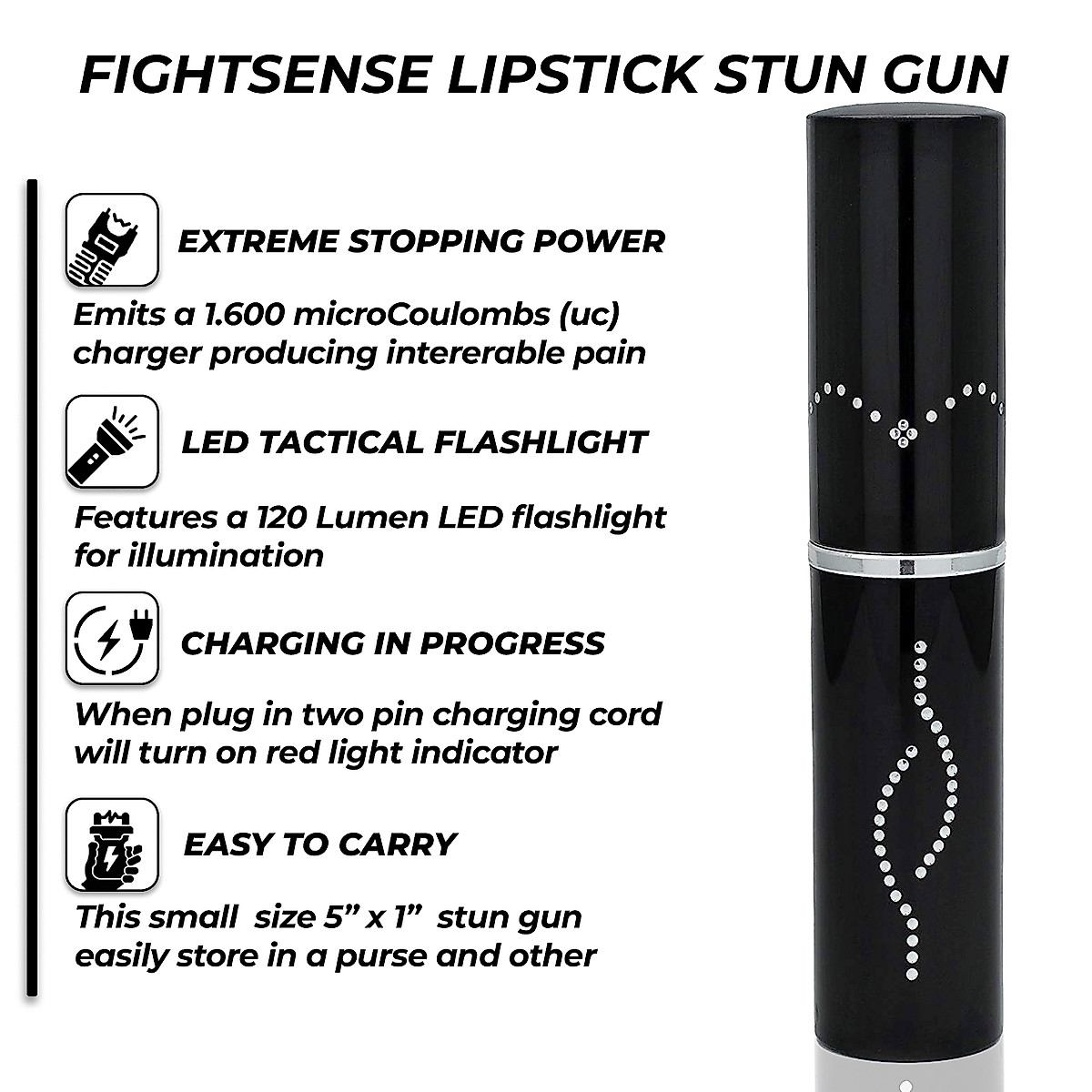 Wholesale (12 Pc) Flashlight Lipstick Stun Gun Women Self Defense Bright Led Flashlight - Rechargeable Battery (Black X12)