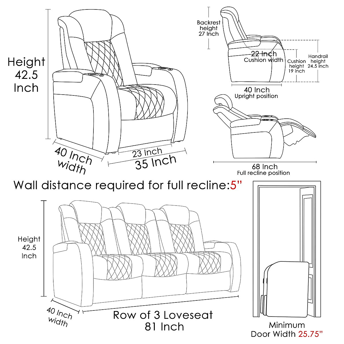 Weilianda Home Theater Seating Top Grain Leather Recliner Chair Dual Power Electric Headrest Movie Gaming Sofa with Tray Table Type-C USB Charge Cup Holders (Row of 3 Loveseat, Black)