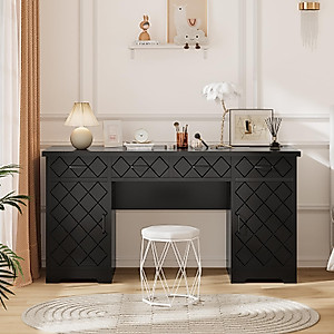 GarveeHome Executive Desk with Drawers, 55" Computer Desk with Power Outlets and Cabinet, Wood Home Office Study Writing Desk