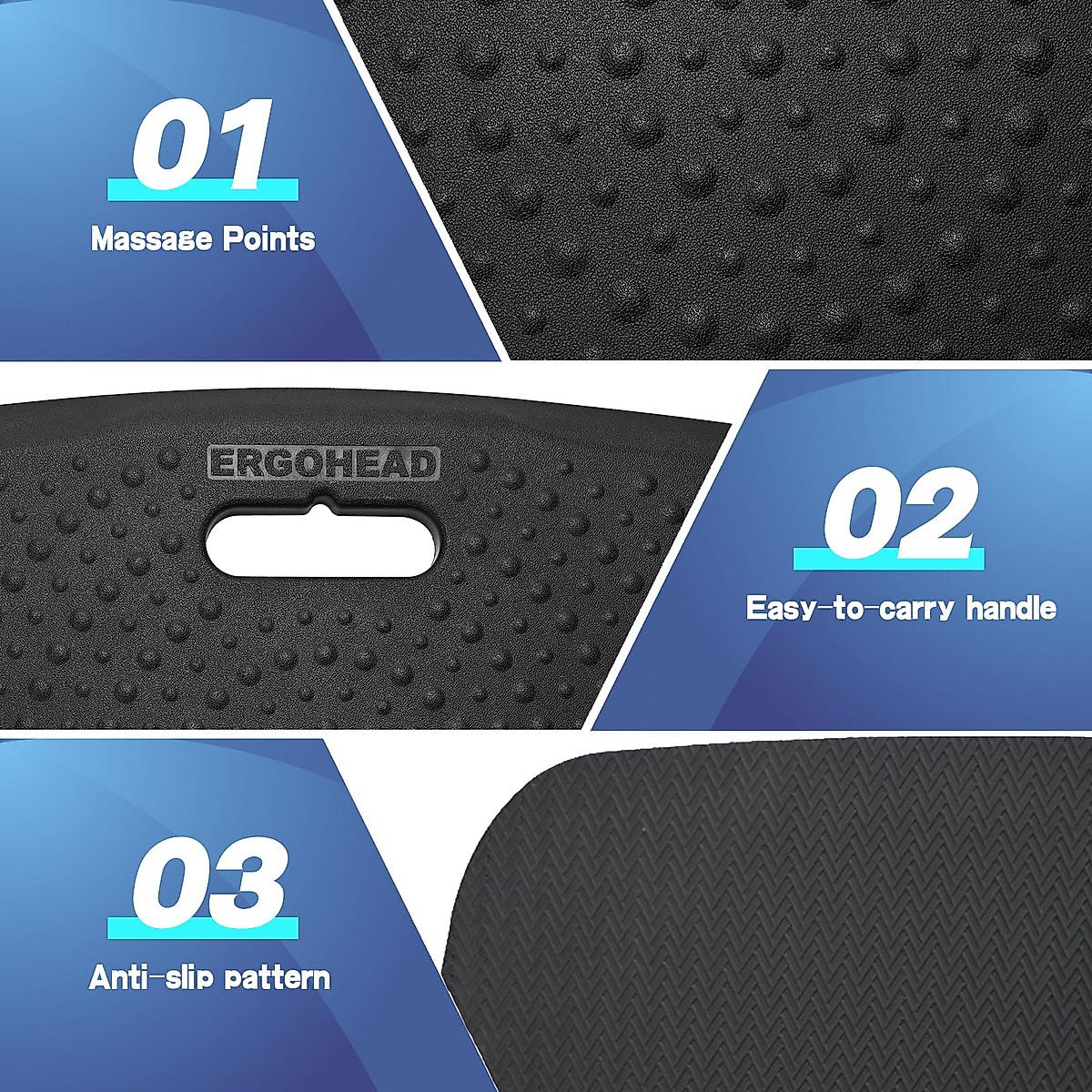 Ergohead Anti Fatigue Kitchen Floor Mat Comfort Standing Mat, Portable Office Standing Desk Mat, Multi-Purpose Kitchen Rug, Built-in Handle with Massage Points Comfort Floor Mat (Black, 17" x 22")