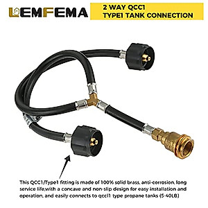 Lemfema Universal Y Type Splitter Propane Tank Converter Adapter Hose with Gauge, Two Way Qcc1/Type1 Inlet & POL/QCC1 Exit Propane Hose to Connect 5-40lb Tank for Grill, Heater, Fire Pit, Fireplaces