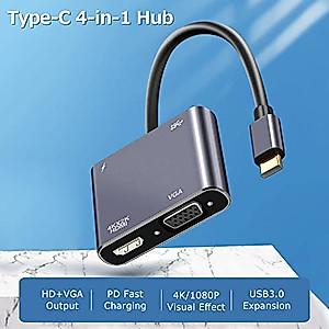 Multifunctional 4-in-1 Type-C Hub Type-C Converter Aluminum Alloy Shell up to 4K Resolution +VGA+USB3.0+PD Charging Ports