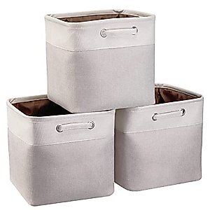 Fabric Cube Storage Boxes Foldable Storage Bins Silver Khaki and Beige Patchwork Storage Baskets Cube Storage Bins with Handle Cubes Inserts Storage for Home and Office Supplies 13x13x13 cube organizer bin 3 Pcs/Pack