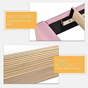 SHA CERLIN Full Size Vertical Channel Platform Bed Frame/Velvet Upholstered Bed Frame with Headboard/Strong Wood Slats Support/Mattress Foundation/No Box Spring Needed/Pink