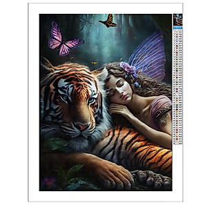 CoHraeu 5D Angel and Tiger Diamond Painting Kits for Adults Animals and Beauties Diamond Art Kits for Adults Diamond Art Kits Gem Art Wall Home Decor Oil 12x16 inch