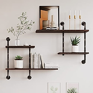 THRONKENGER Industrial Pipe Shelving,Rustic Floating Shelves with Wood Plank,Metal Pipe Wall Shelf Industrial Shelves for Wall, Bedroom, Living Room, Bathroom (A)