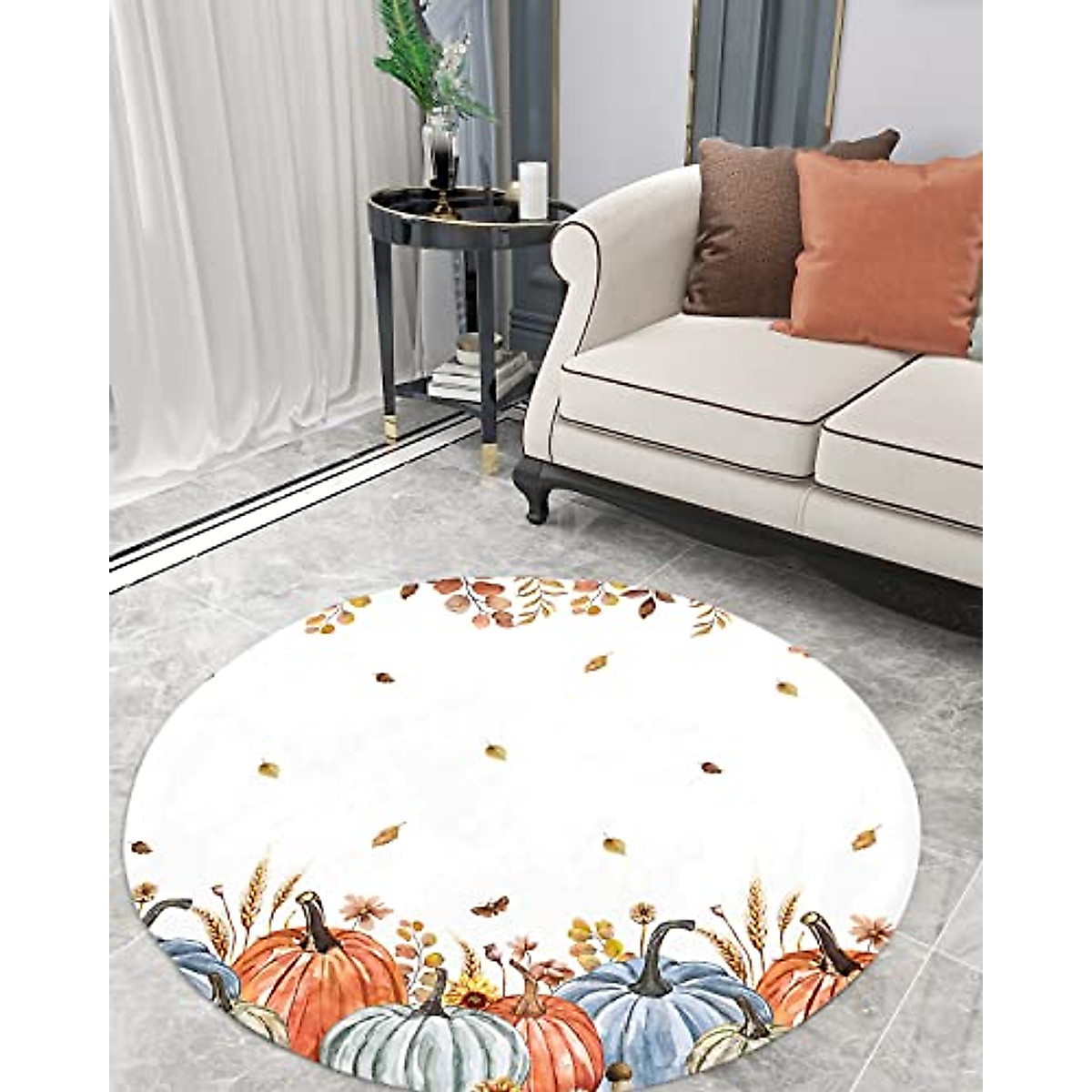Round Fluffy Area Rug Thanksgiving Fall Pumpkin Harvest Ultra Soft Short Plush Circle Carpet Autumn Leaves Wheat on White Non-Slip Shaggy Accent Throw Rugs for Living Room Bedroom Nursery 48in