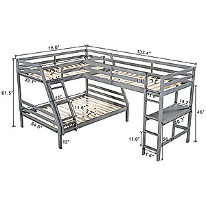 Wood L-Shaped Bunk Beds with Desk, Twin &Twin Over Full Bunk Bed Frame for 3 People with Guardrails and Ladder for Kids Boys Girls Teens Adults Bedroom Dorm