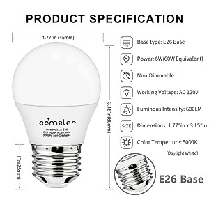 comzler 6W A15 LED Bulb Daylight 60 Watt Equivalent, E26 Medium Screw Base Small Light Bulb Cool White 5000K, Home Lighting Decorative Ceiling Fan Light Bulbs Non-Dimmable(Pack of 6) …