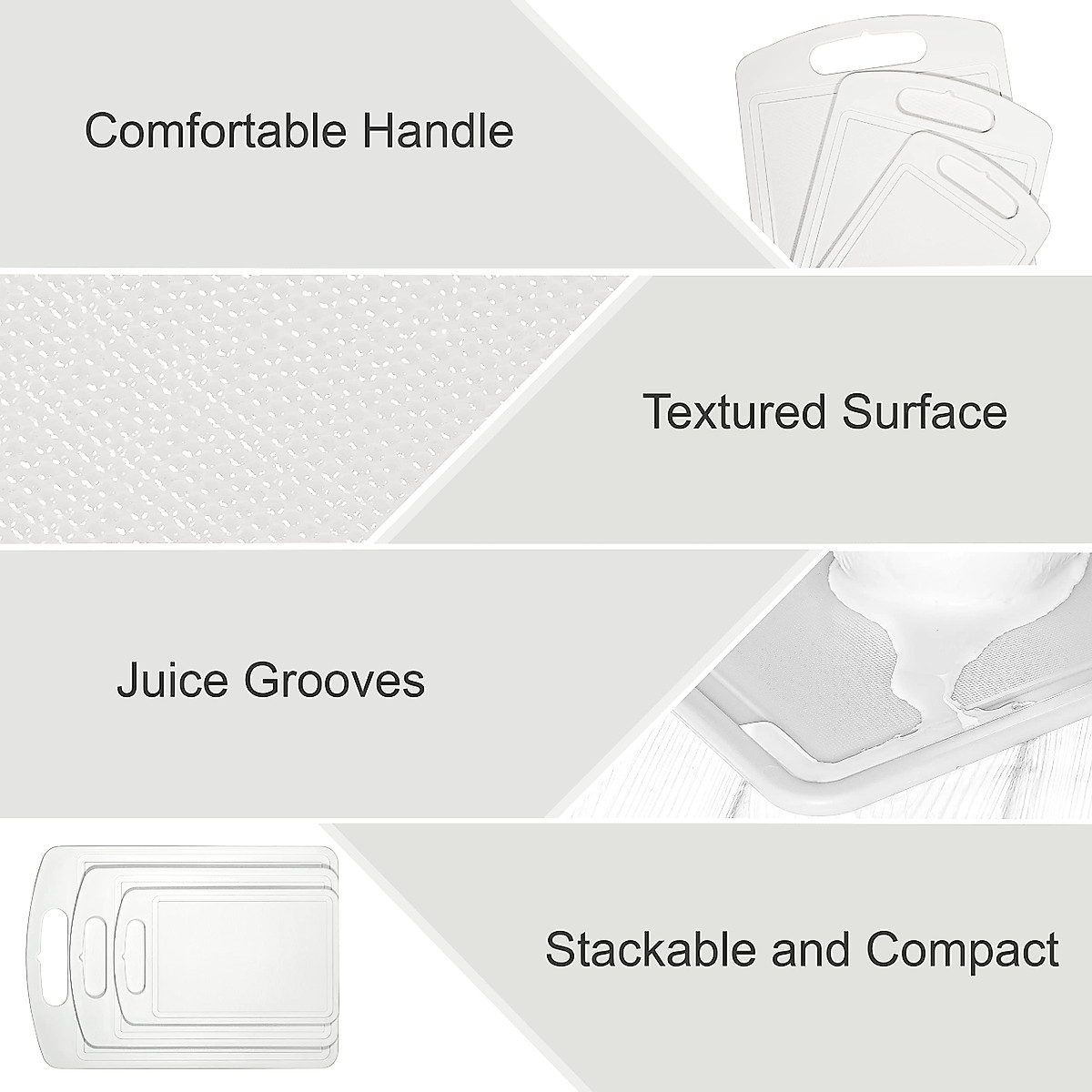 Cutting Boards for Kitchen Gray Plastic Chopping Board with Handles Set of 3 Juice Groove Dishwasher Safe BPA Free Stackable