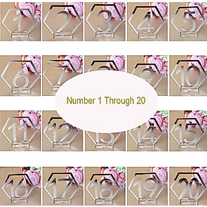 Fashionclubs Table Numbers, 1-20 Wedding Acrylic Table Numbers with Holder Base Party Card Table Holder,Hexagon Shape,Perfect for Wedding Reception and Decoration (Silver)