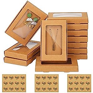 30Pcs Jewelry Packaging Boxes Gift Boxes 5.4"x3.4"x0.7" Paper Boxes with Clear Window 30 Display Card 36 Sticker for Keychain (Kraft Color)
