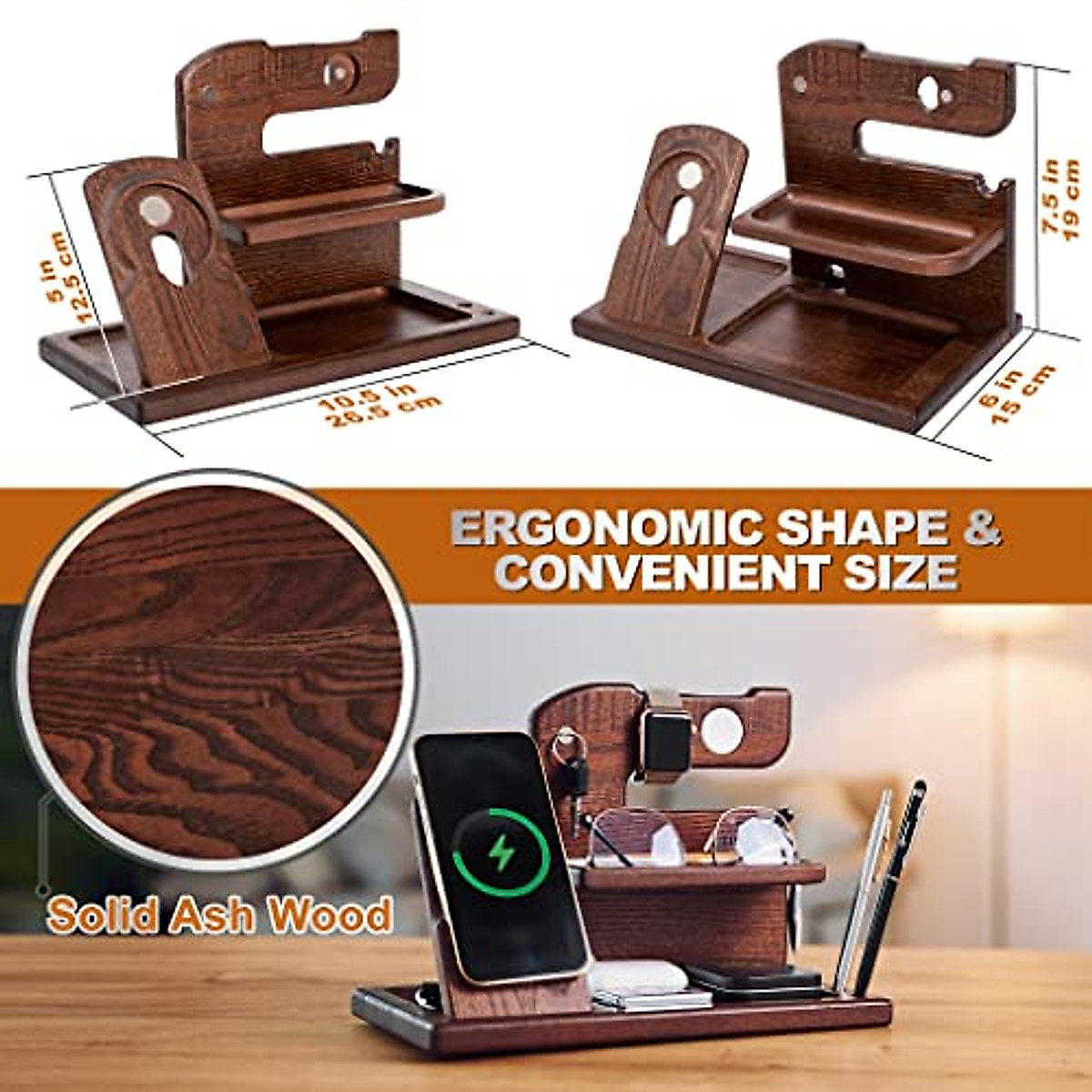 TESLYAR Wood Phone Docking Station Charger Xmas Gifts for Men or Dad for Husband Birthday Wife Nightstand Organizer Key Holder Wallet Solid Ash