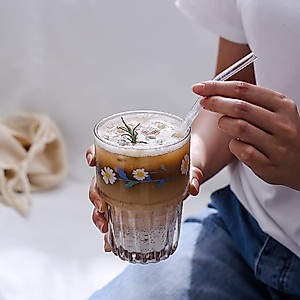 yaocoral Set of 2 Daisy Glass Coffee Cup Cute Drinking Glasses Stackable Daisy Glass Cups for Juice,Iced Coffee,Milk,Tea,Dessert,Flower Glassware Drinkware Set(blue)