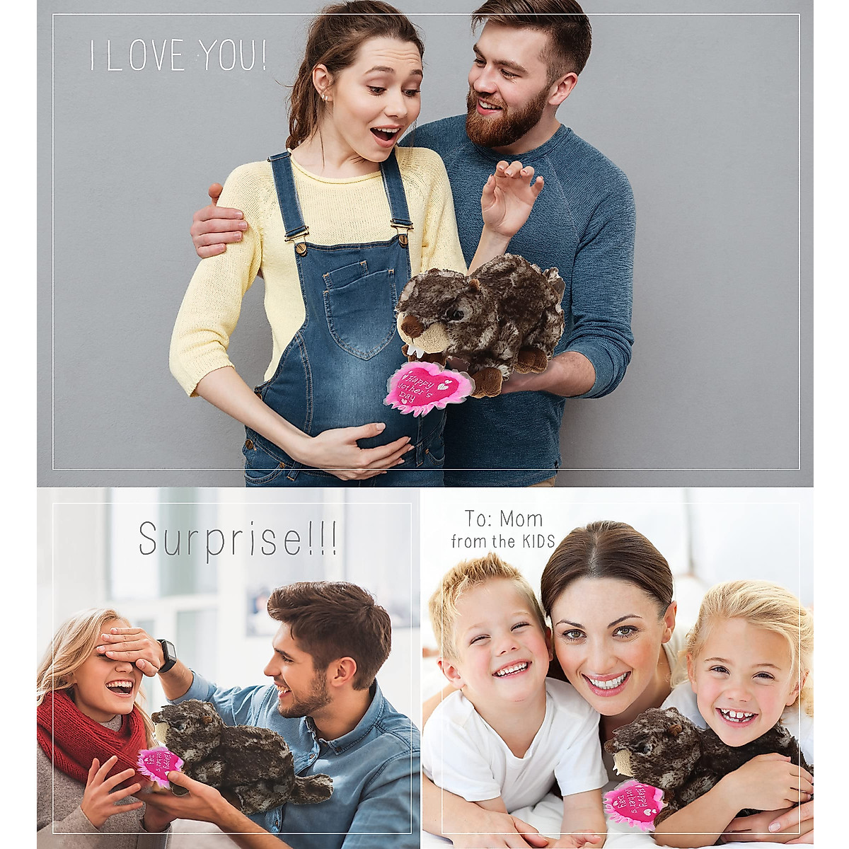 DolliBu Happy Mother's Day Super Soft Lying Marmot Plush Figure - Cute Stuffed Animal with Pink Heart Message for Best Mommy, Grandma, Wife, Daughter - 11" Inches