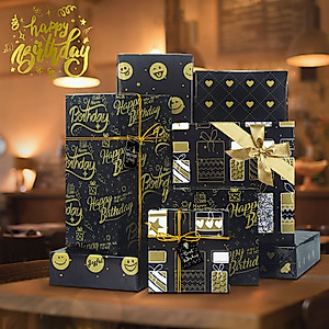 Larcenciel Birthday Wrapping Paper, Gift Wrapping Paper set, Black Gold Design w/Jute Twine and Gift tag, Gift Wraps for Birthday, Valentines, Christmas, Graduation, Baby Shower,4 Sheets 27.5x19.6inch