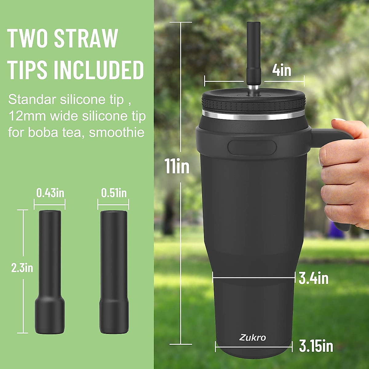 Zukro 50 oz Tumbler with Handle and Straw Lid, Vacuum Insulated Stainless Steel Water Bottle Travel Mug with Screw Lid, Fit in Cup Holder, Leakproof, Dishwasher Safe, Keeps Cold 30 Hours - Black