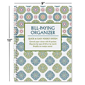 Fresh Patterns Bill Paying Organizer Book - Personal Account book, 9" by 12 inch, Spiral-Bound, 14 Pockets, 32 Label Stickers, Bill Tracking