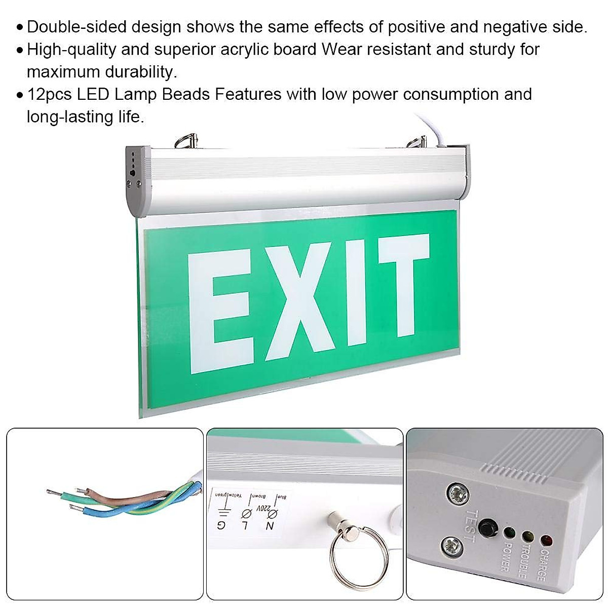 Emergency Exit Sign, Acrylic Double-sided Green Compact Combo Exit Sign Emergency Light 3W 12 LEDs Emergency Exit Lighting Sign Safety Evacuation Indicator Lamp for Malls, Hotels, Hospitals, etc