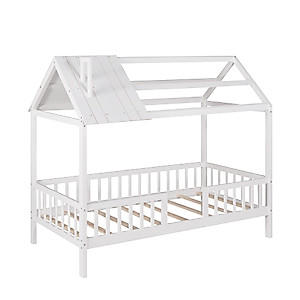 VilroCaz Twin Size Wood House Bed with Safety Full-Length Fence, Playhouse Design Tent Bed Platform Bed Frames with Roof, Strong Sturdy Wood Slats Support for Kids, Girls & Boys (White-Twin)