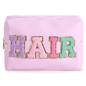 BLAAROOM Large Preppy Patch Cosmetic Toiletry Bag,HIAR Varsity Letters PU Leather Makeup Bag,Chenille Zipper Pouch Storage,Waterproof Organizer for Travel - Pink