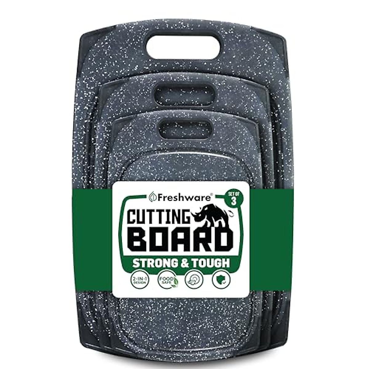 Plastic Cutting Boards for Kitchen, Cutting Board Set of 3, Juice Grooves with Easy Grip Handle, BPA-Free, Non-Porous, Dishwasher Safe, Black Marble