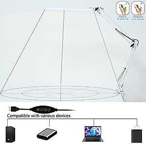 YUHU LED Desk Lamp, Metal Swing Arm Desk Lamp, with Fixture, Desk Lamp with clamp, 3 Color Modes, 10 Levels of Brightness, with Memory Function, Suitable for Home, Office, Reading (White)