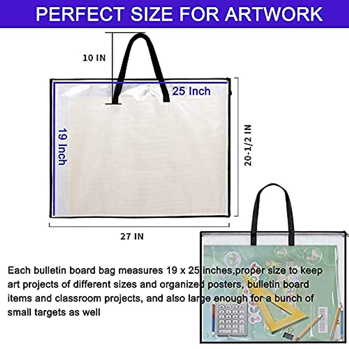 DPEI XUAN 2 Pieces Art Portfolio Bag Poster Storage Bag, with Zipper and Handle Posters Organizer Transparent White Bag for Large Posters, Poster Board, Painting, Bulletin Boards (19 x 25 inch)