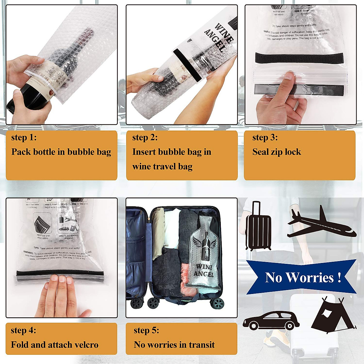 [UPGRADED PROTECTION] 4 Set (8 pcs) Reusable Wine Bags for Travel, Wine Protector Sleeve Case, Airplane Car Cruise TRIPLE Luggage Leak-proof Safety Impact Resist