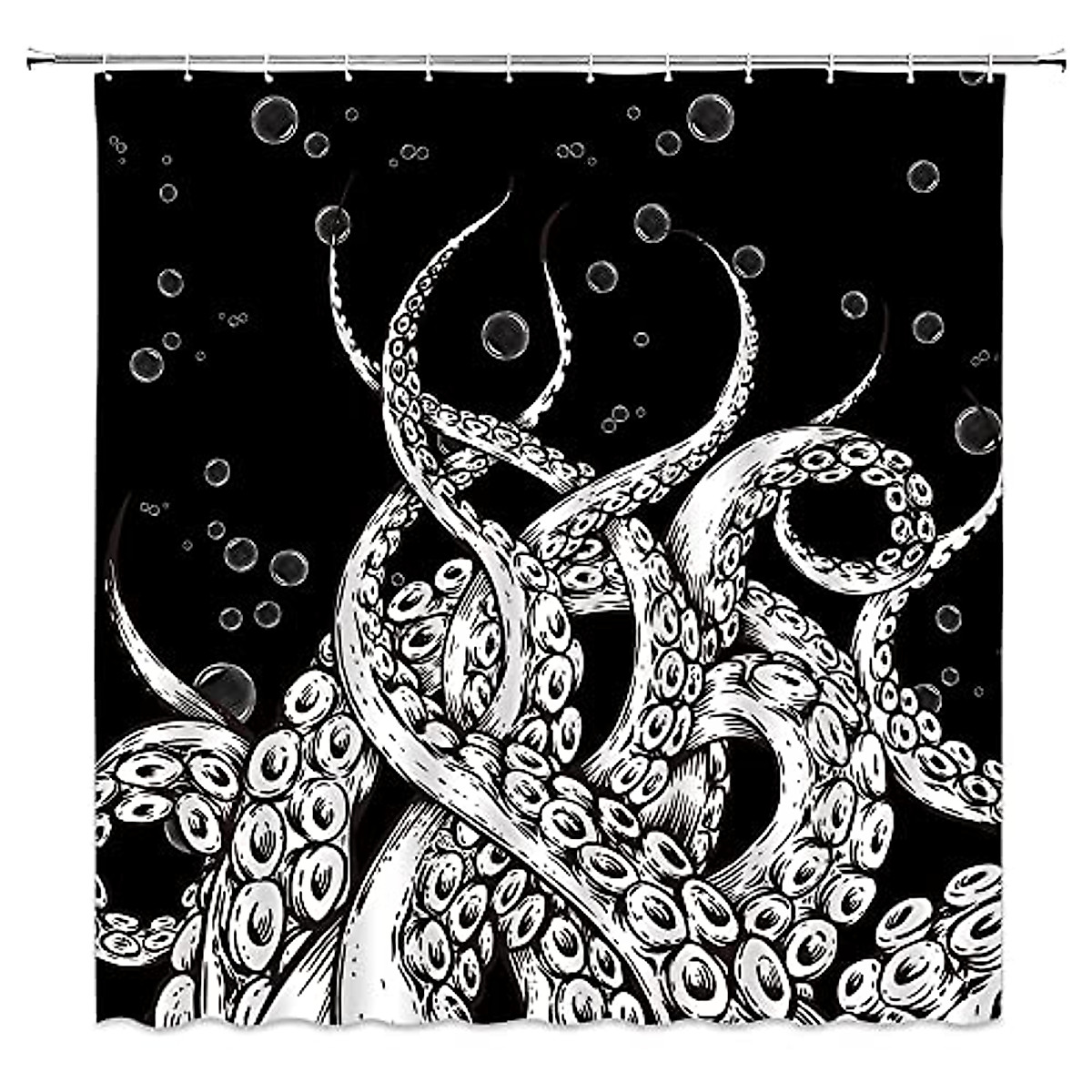TFGGNDF 2 Piece Octopus Shower Curtain Sets with Bath Mat,White Octopus Tentacles Black Background Ocean Kraken 70"x 70" Bathroom Curatin with 12 Hooks and Bath Rugs