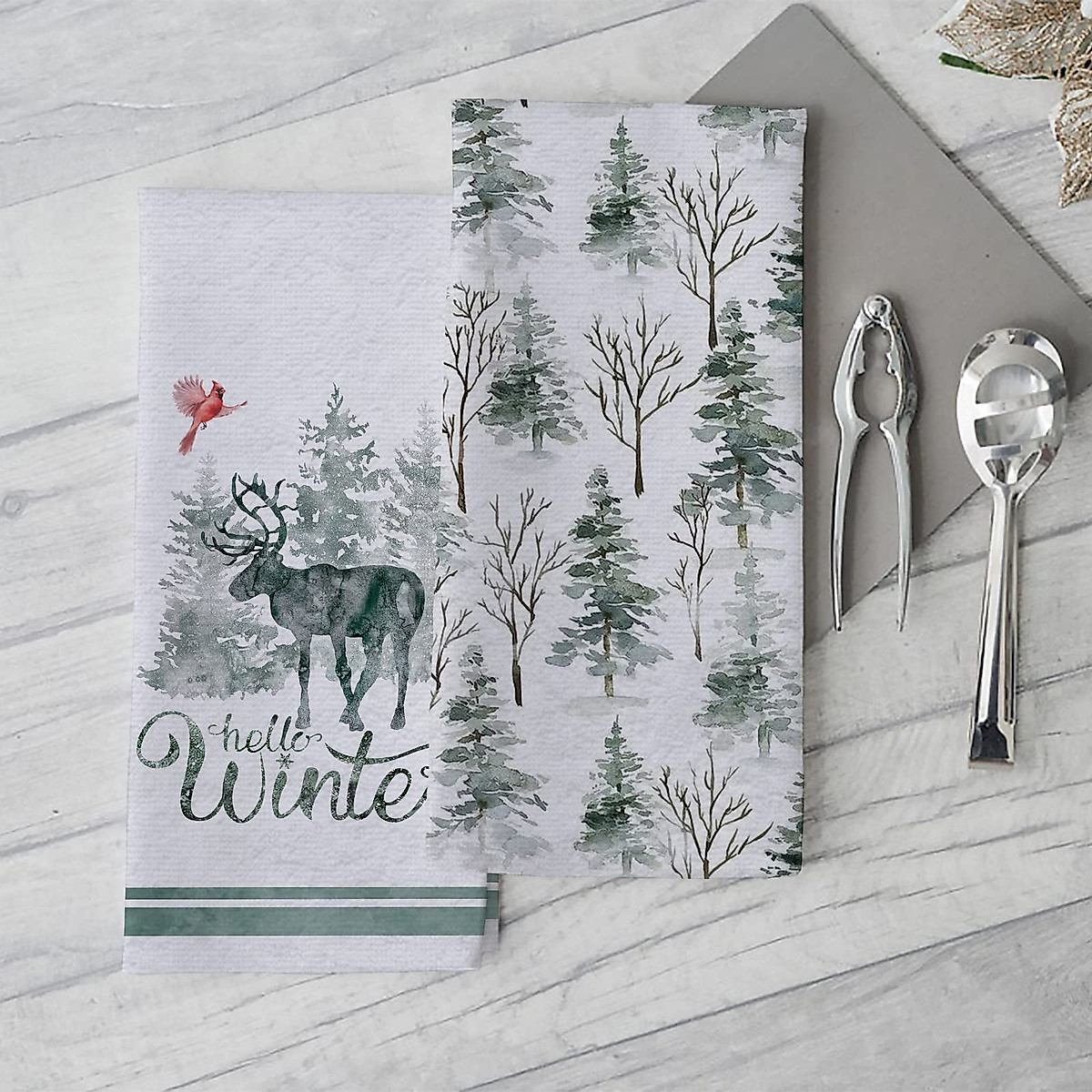 Seliem Hello Winter Watercolor Pine Trees Kitchen Dish Towel Set of 2, Cardinal Reindeer Blue Grey Hand Drying Baking Cooking Cloth, Red Bird Farmhouse Snow Holiday Decor Home Decoration 18 x 26 Inch