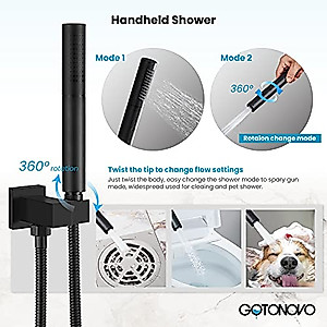 gotonovo Ceiling Mount Shower Faucet Set Matte Black 12 Inch Square Showerhead Bathroom Rainfall Shower System Stainless Steel Shower Trim Kit 2 in 1 Cylindrical Handheld shower with Rough-in Valve