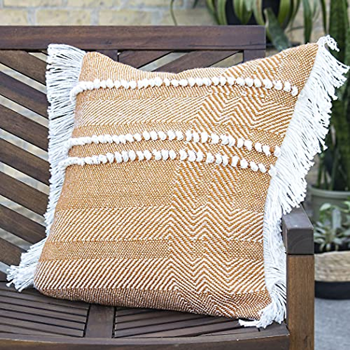 Foreside Home & Garden Orange Striped Woven 20x20 Outdoor Decorative Throw Pillow with Hand Tied Fringe, 20 x 20 x 5, Brown