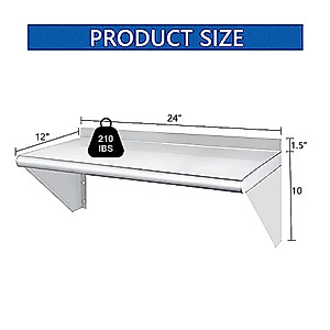 HARDURA Stainless Steel Shelf 12" x 24", 210lb Commercial Shelves Wall Mount Metal Shelving with Backsplash and Brackets for Kitchen, Restaurant, Laundry Room and Home