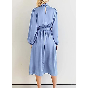 Dokotoo Women's Long Sleeve Satin Dresses Spring Mock Neck Keyhole Elastic High Waist Wedding Guest Evening Party Midi Dress Sky Blue Medium