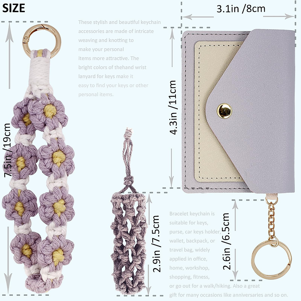 BIHRTC Boho Macrame Keychain Multicolor Daisy Bracelet Wrist Lanyard with Wallet Lipstick Holder Handmade Durable Floral Lanyard Car Key Keyring Wrist Key Chain for Women Girls