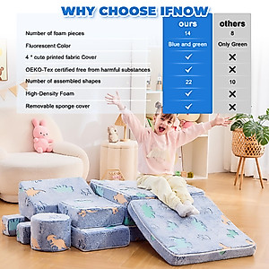 IFNOW 14pcs Modular Kids Play Couch, Kids Couch Toddler Couch, Child Sectional Sofa, Bedroom and Playroom Furniture for Toddlers, Blue Glow, Convertible Foam and Floor Cushion for Boys and Girls, Dino