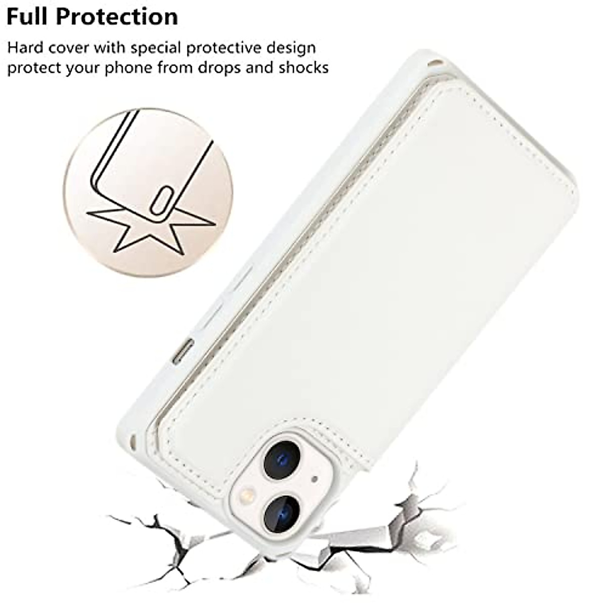 iCoverCase Compatible with iPhone 14 Plus Wallet Phone Case with Card Holder for Women, RFID Blocking Embossed PU Leather Wrist Strap Case 6.7 Inch (Macaron White)