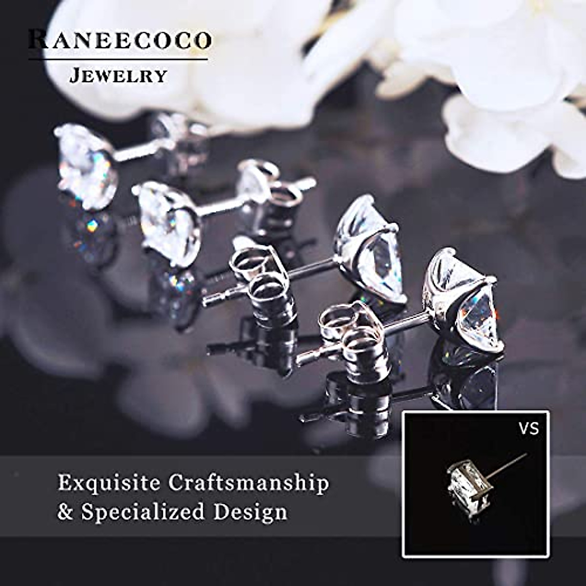 "STUNNING FLAME “18K White Gold Plated Sterling Silver Princess Cut Cubic Zirconia Stud Earrings for men women(w-7)