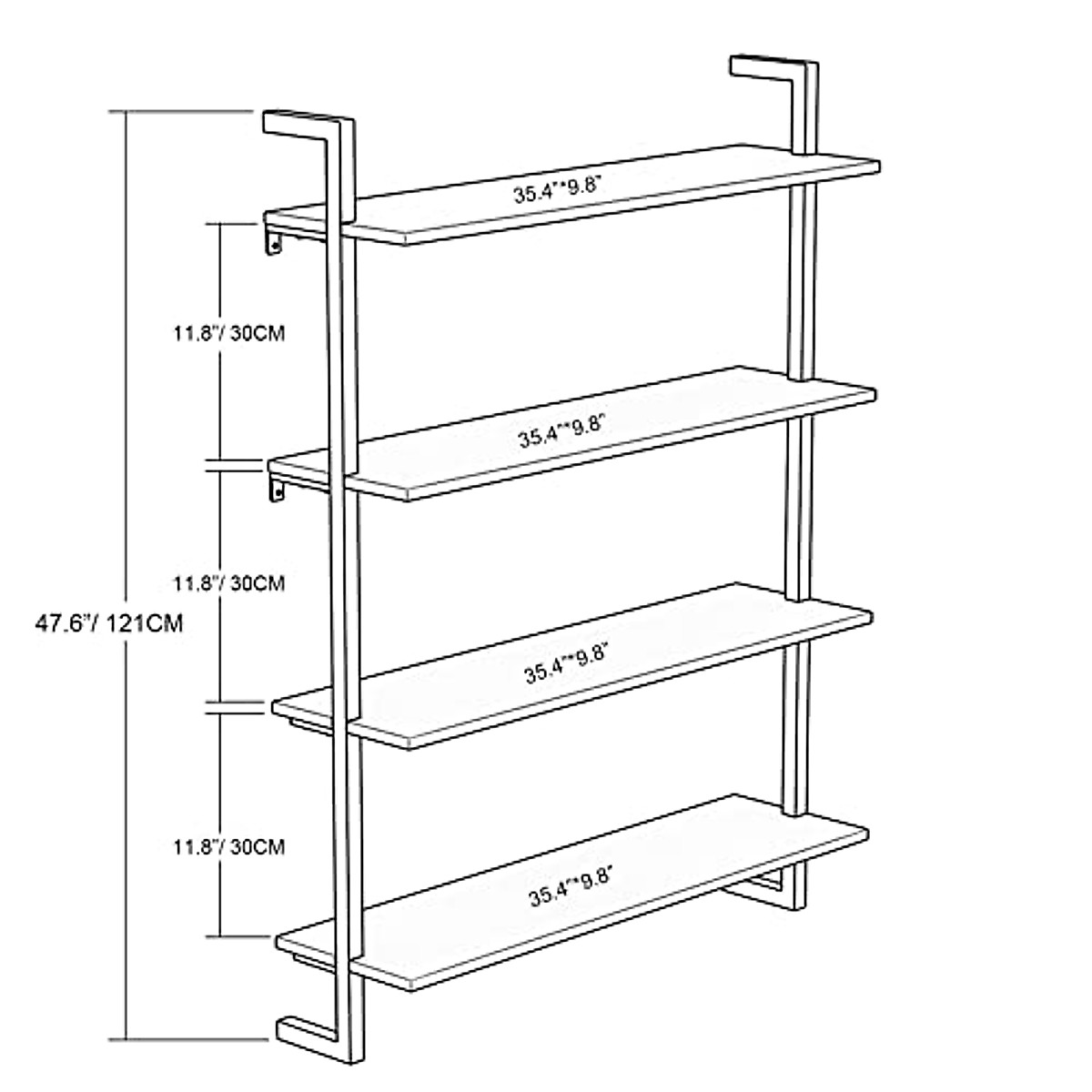 Kiimeey 4-Shelf Bookshelf Wall Mount Bookcase Floating Industrial Shelf (L35.4 Oyster Grey)