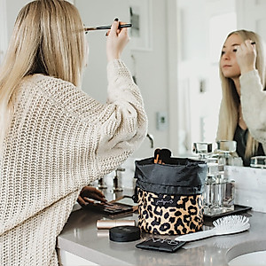 Jadyn Durable Cinch Top Makeup Organizer - Compact Travel Makeup Bag - 7 Interior Pockets for Cosmetics - Drawstring Toiletry Travel Bag for Women - 6L Storage Capacity - (Leopard)