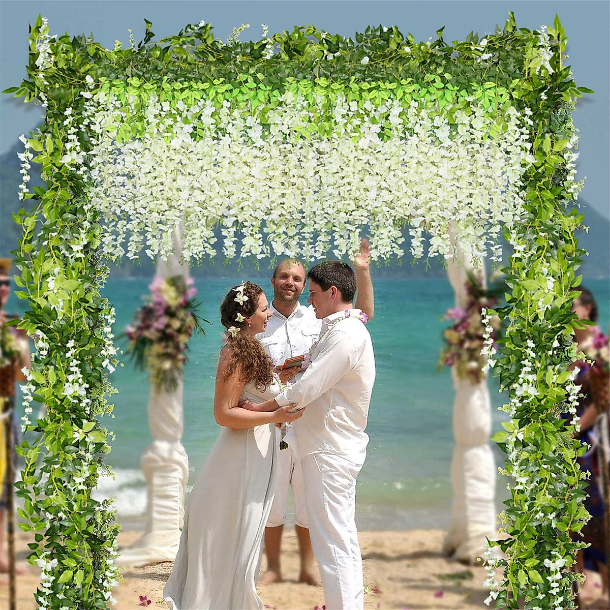 24 PCS Wisteria Artificial Flower 3.6 Feet Vine Ratta Hanging Garlands Silk Flowers String with 2 Pack Artificial Flowers Garland for Home Party Wedding Garden Outdoor Ceremony Greenery Wall White