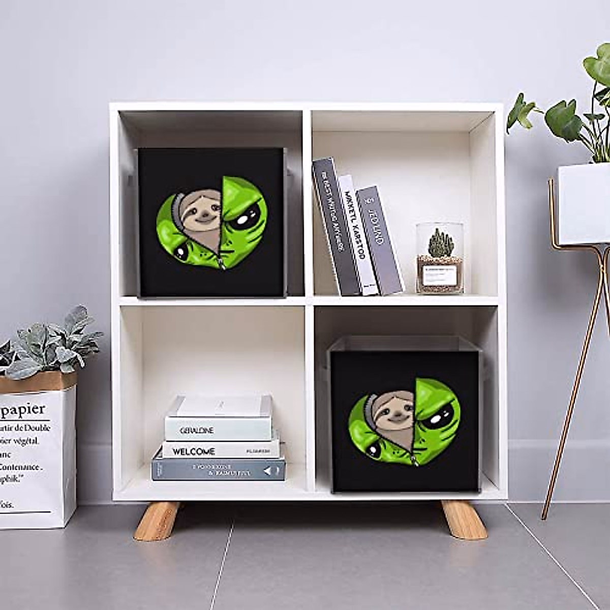 Sloth Into Alien PU Leather Collapsible Storage Bins Canvas Cube Organizer Basket with Handles