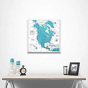 Push Pin North America Map Board - With Push Pins to Mark North America Travel - Handmade in Ohio, USA - Design: Teal Color Splash