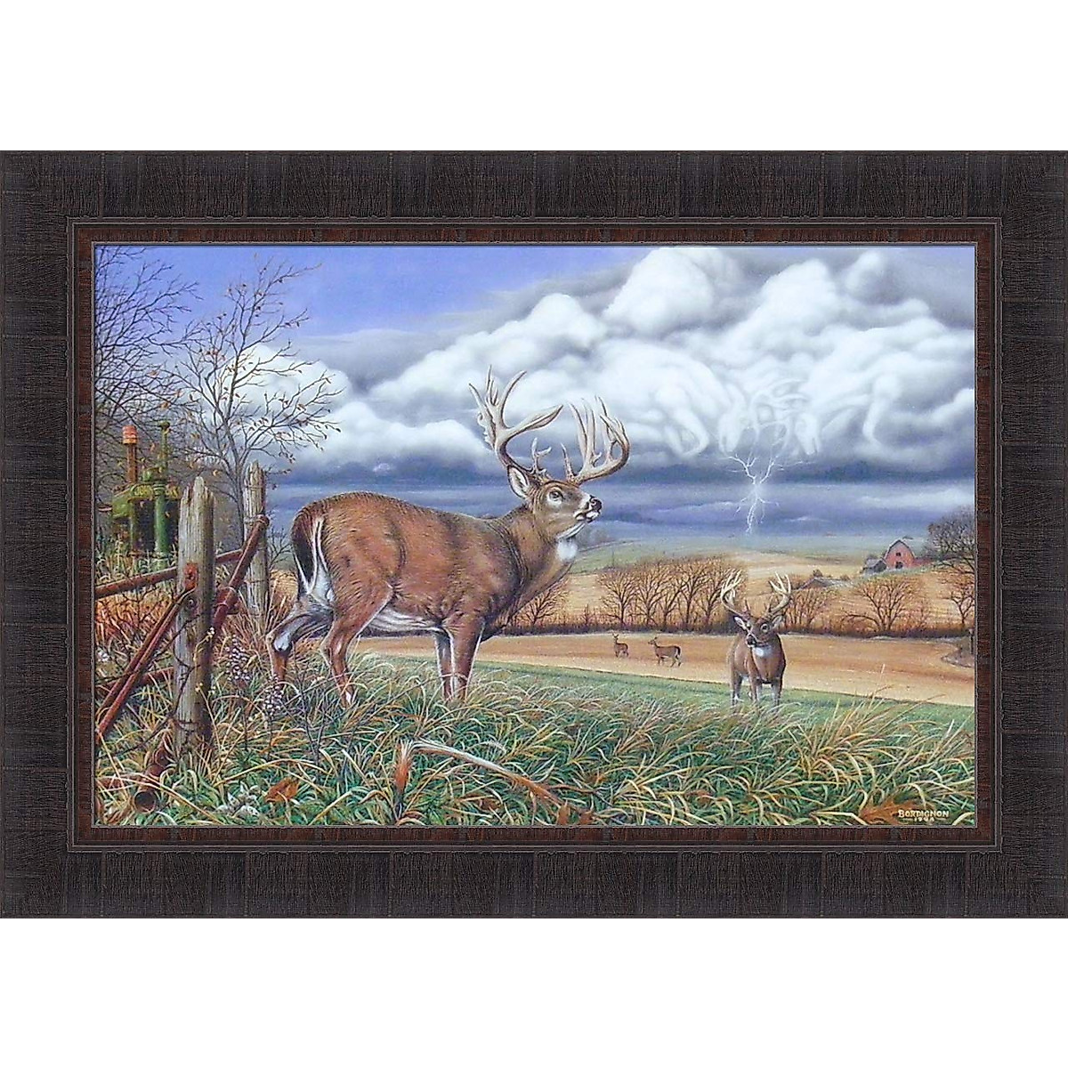 Home Cabin Décor When Tempers Flare by Greg Bordignon 20x28 Deer Buck Doe Clouds Bucks Fighting Framed Art Print Picture